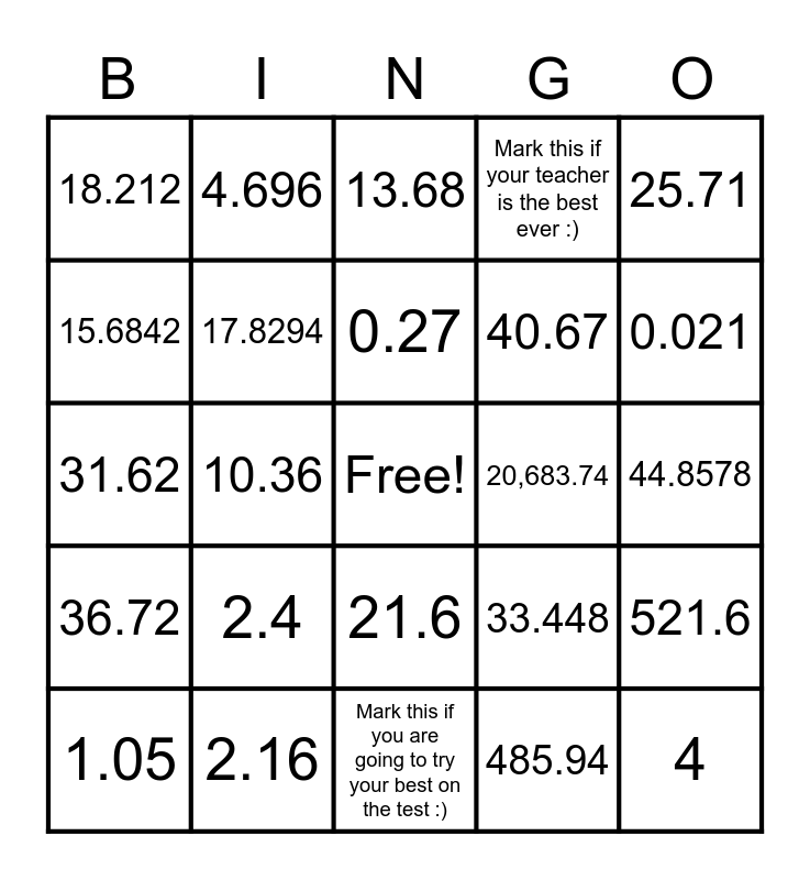 Multiplying Decimals Bingo Card