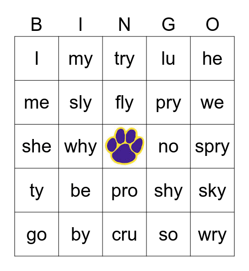 12.1 Open, single syllable Bingo Card