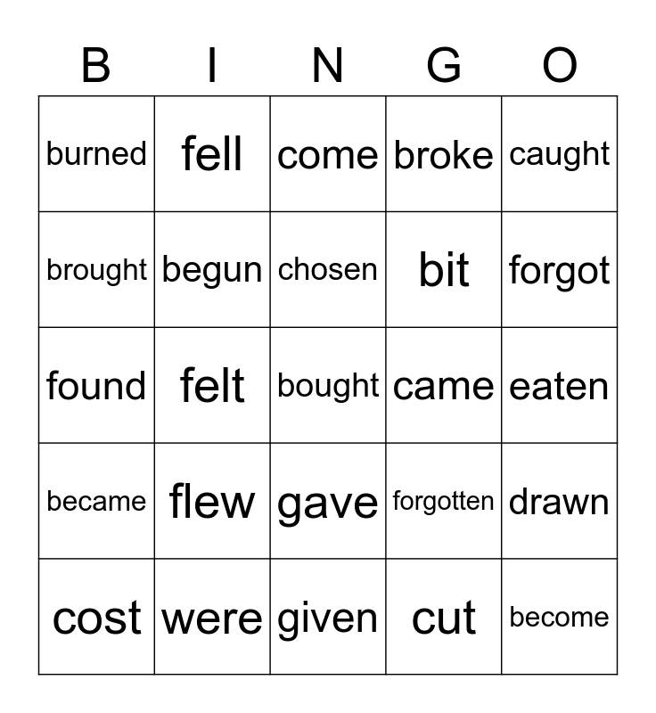 Irregular Verbs H2 Bingo Card