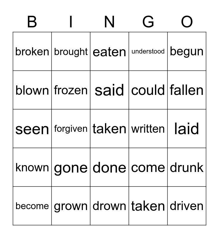 Irregular Verbs Bingo Card