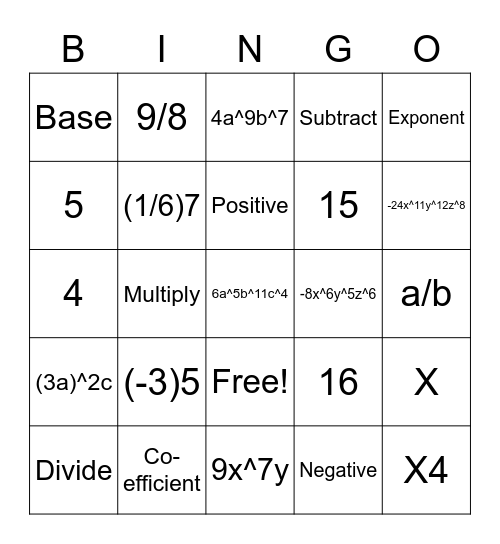 Exponent Bingo Card