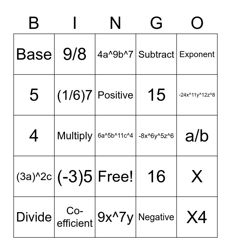 Exponent Bingo Card