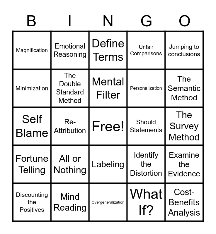 CBT Cognitive Disortions Bingo Card