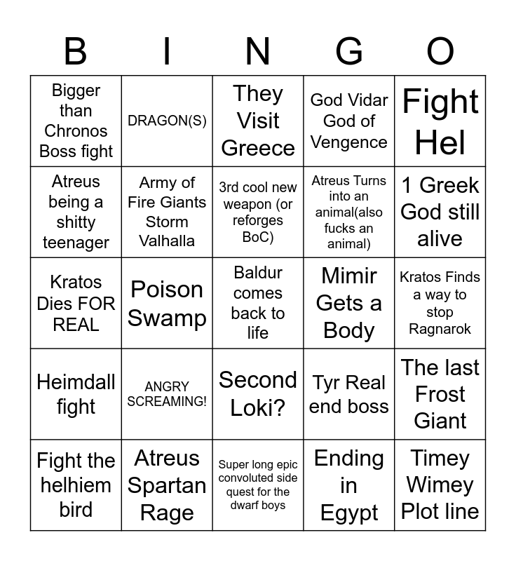 GOW R Bingo Card
