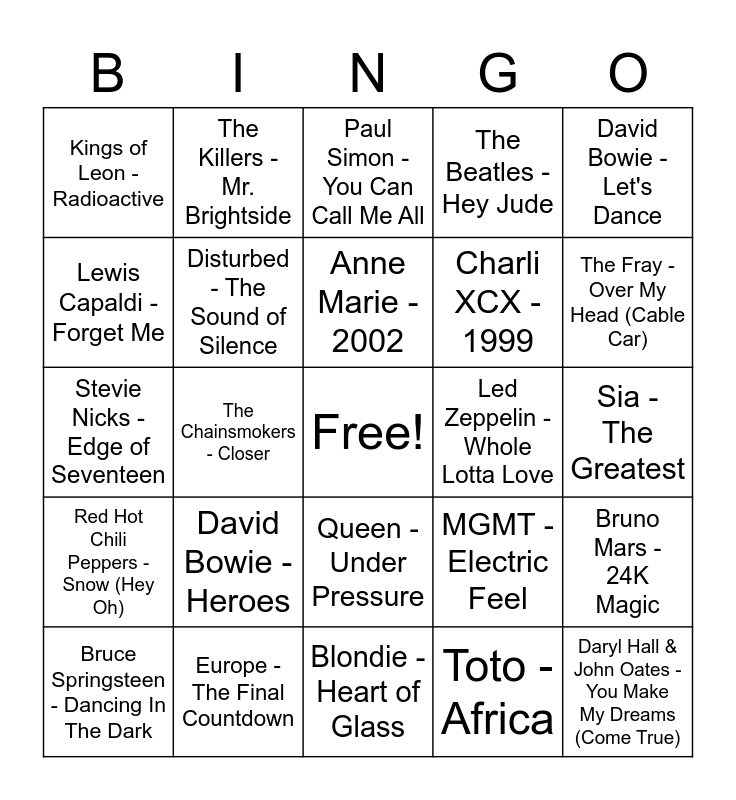 Musical Bingo Card