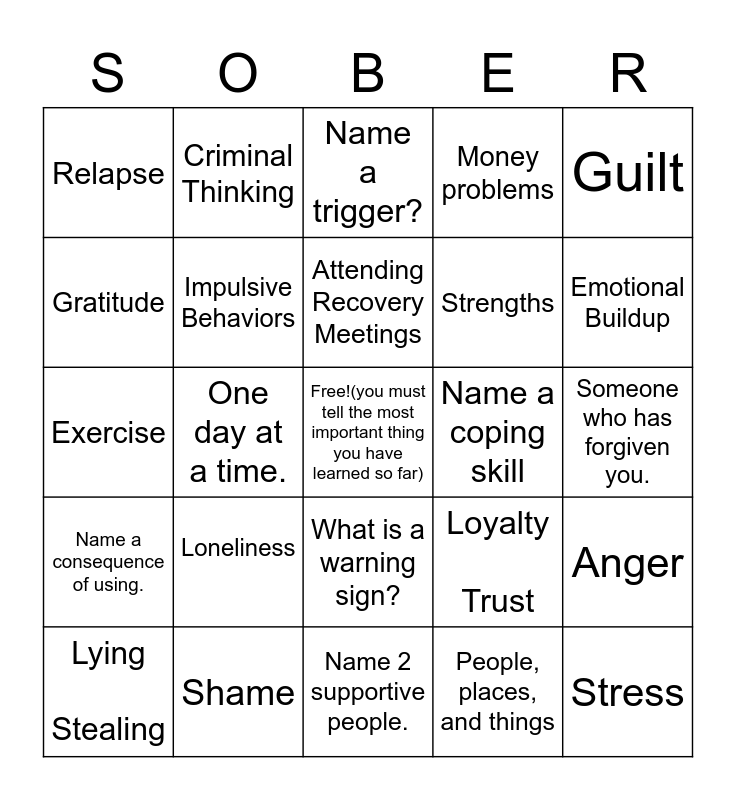 Relapse Prevention Bingo Card