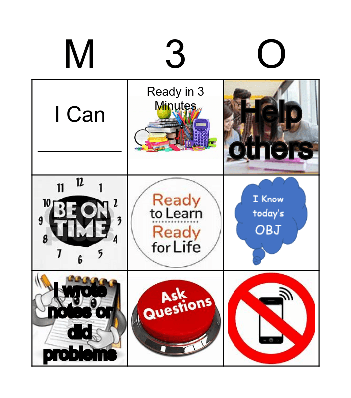 M3O - Exit Ticket Bingo Card