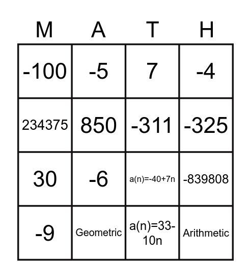 Sequences! Bingo Card