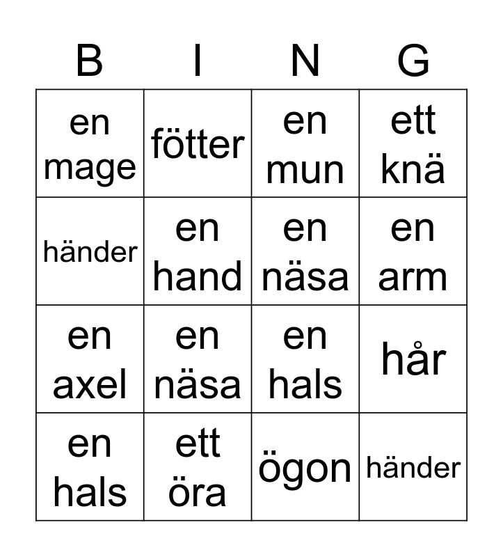 Kroppsdelar Bingo Card