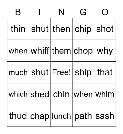 Digraph Bingo Card