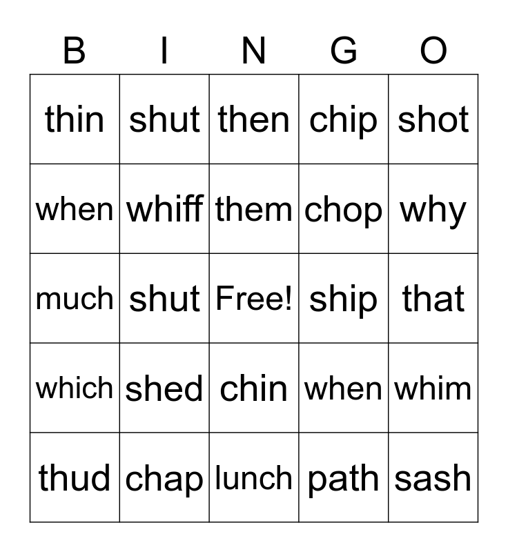 Digraph Bingo Card