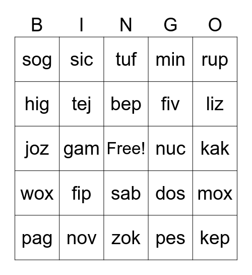 Nonsense Word Bingo -CVC Bingo Card
