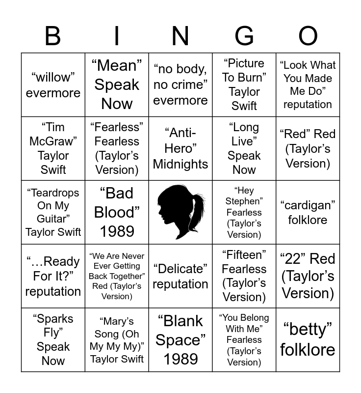 T. Swift Power Hour Bingo Card
