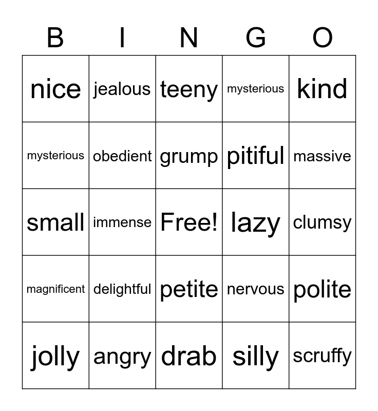 ADJECTIVE BINGO Card