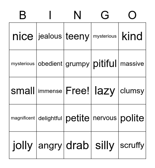 ADJECTIVE BINGO Card