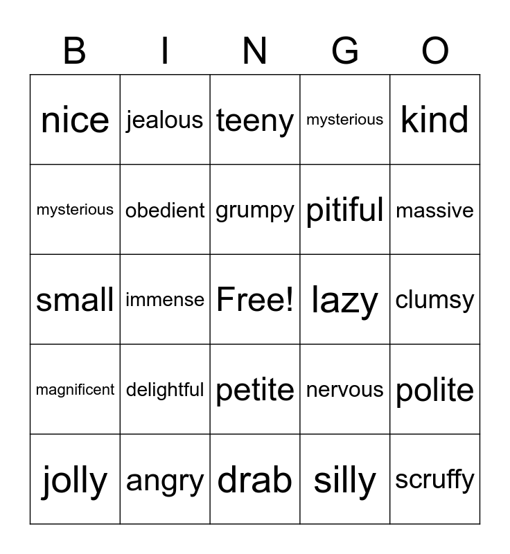 ADJECTIVE BINGO Card