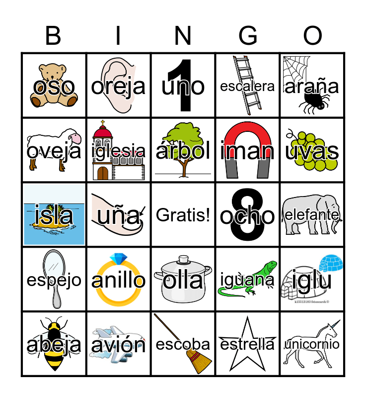Vocales vocabulario Bingo Card