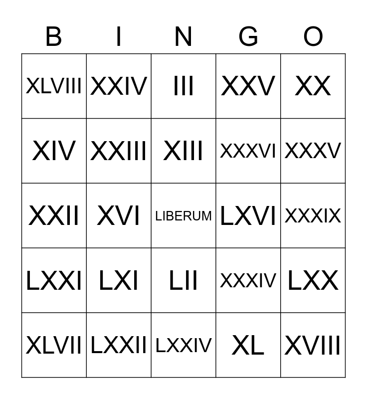 Roman Numeral Bingo 1-75 Bingo Card