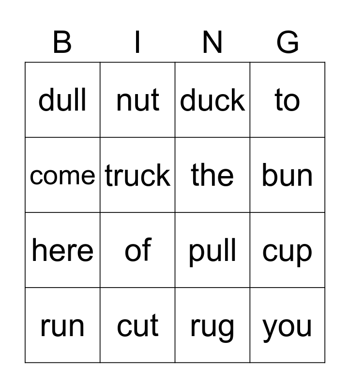 Short U Bingo Card