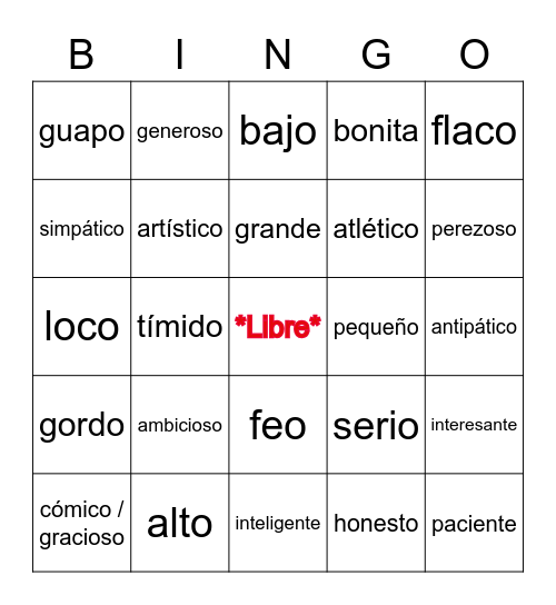 Spanish Adjectives Bingo Card