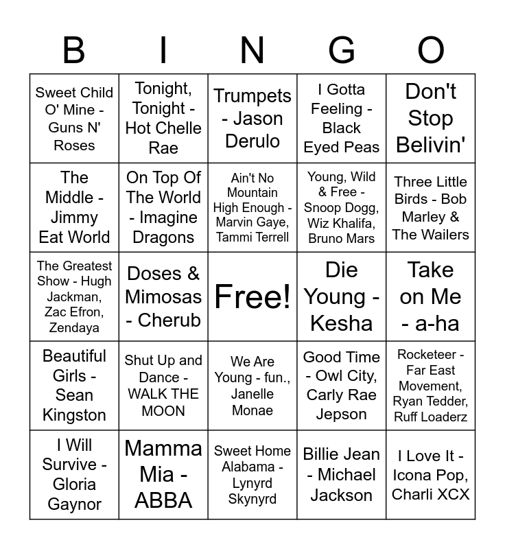 Sing-A-long Music Bingo Card