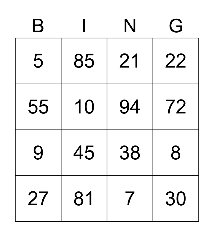 Number Bingo 1-100 Bingo Card