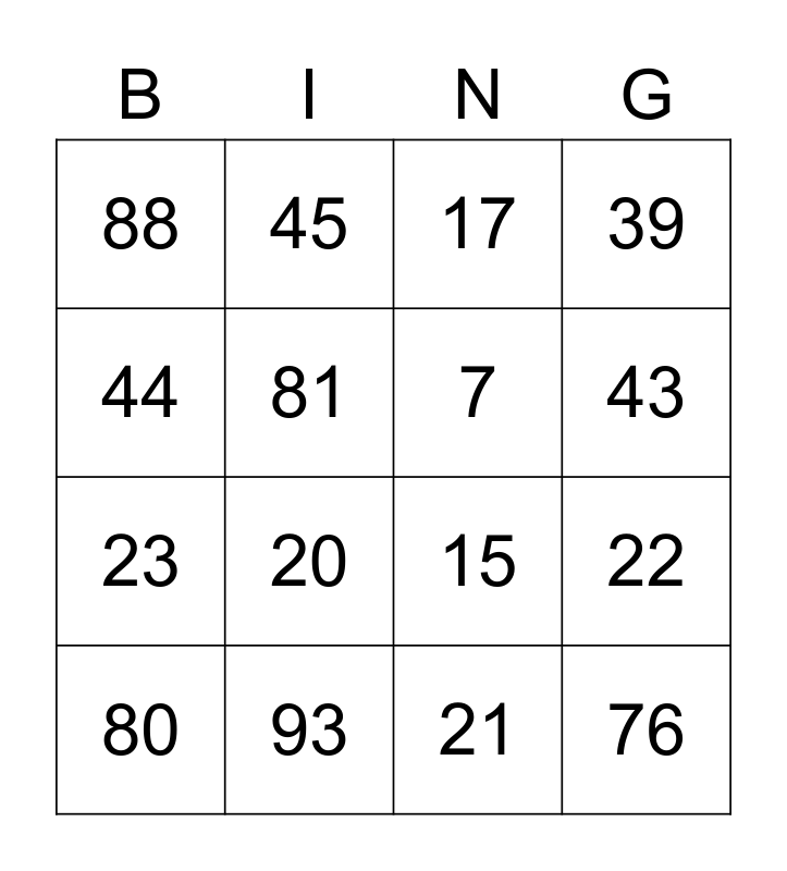 Number Bingo 1-100 Bingo Card
