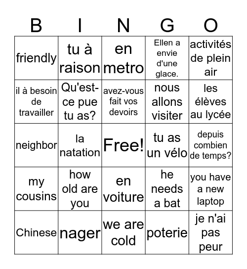 FRENCH Bingo Card