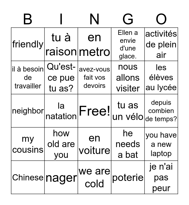 FRENCH Bingo Card