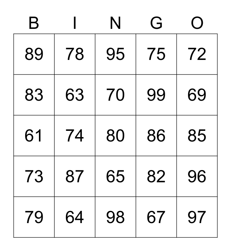 Bingo 60-100 Extra Bingo Card