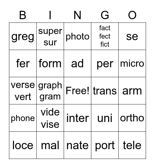 1st Block Morphology Bingo Card