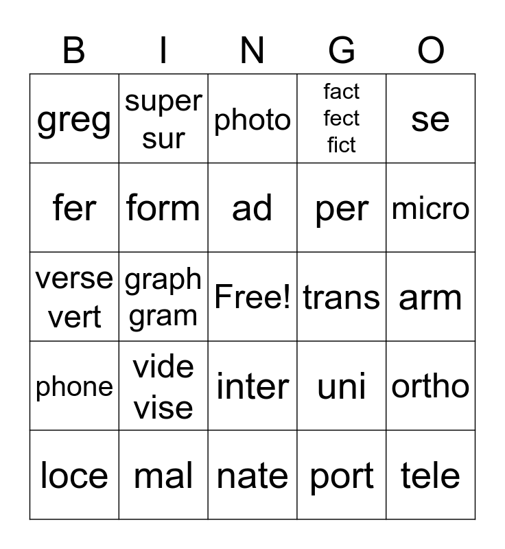 1st Block Morphology Bingo Card