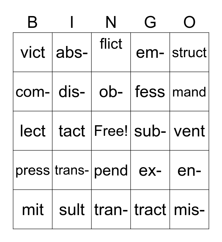Prefix and Latin Base Bingo Card