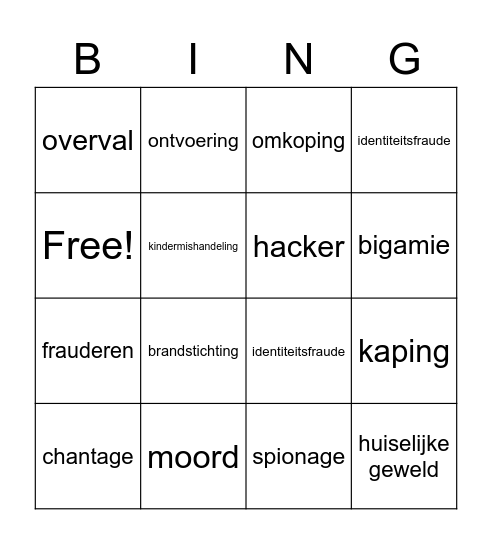 Crime bingo Card