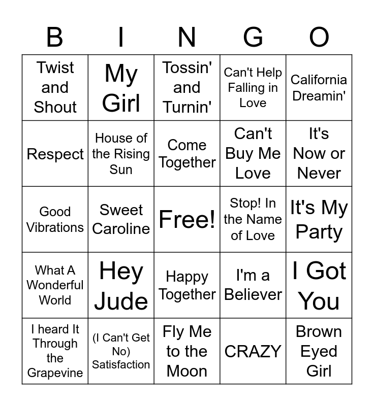 1960s Music Bingo Card