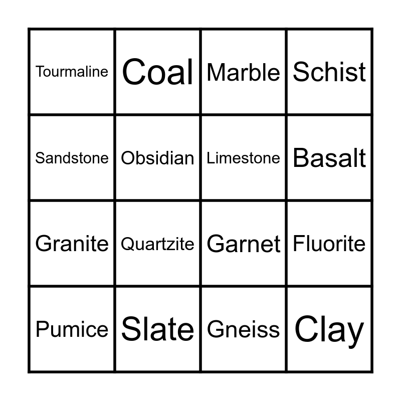 Rock Cycle Bingo Card
