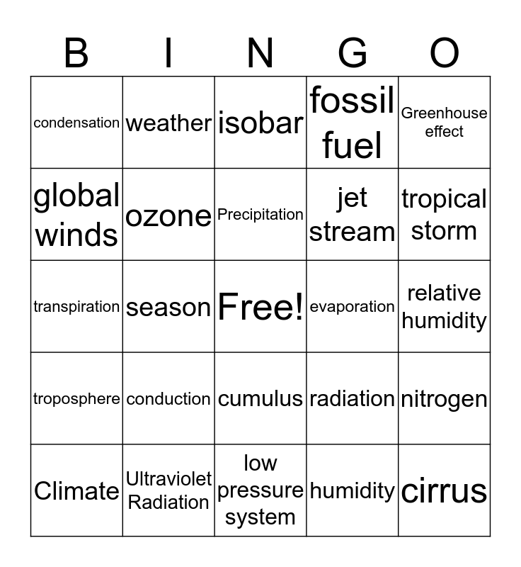 Weather Unit Review Bingo Card