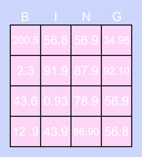 DECIMAL Bingo Card
