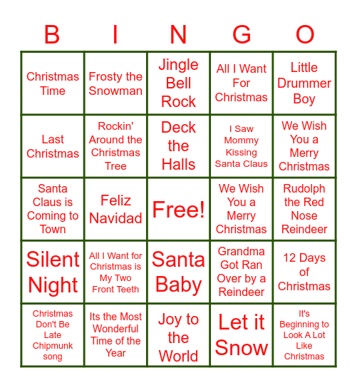 Christmas Song Bingo Card