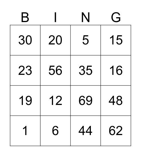 Chiffres Bingo Card