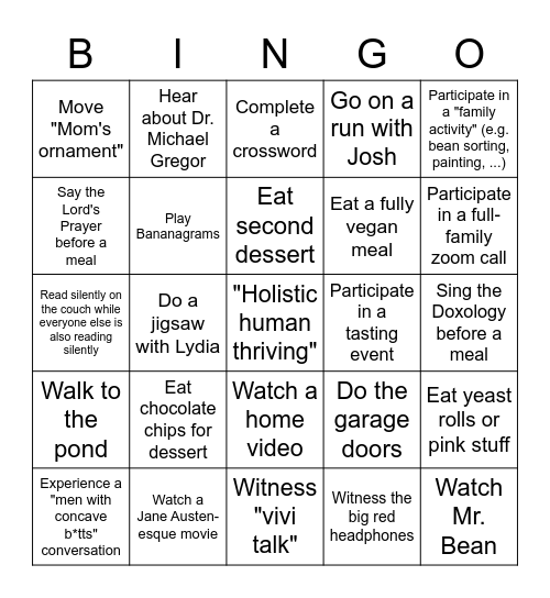 Family Bingo Card