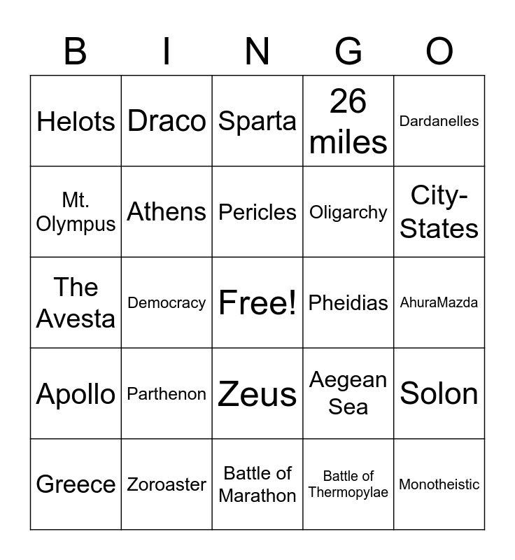 Ancient Greece and Persia Bingo Card
