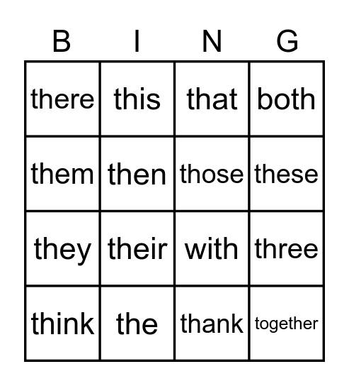 TH Sight Word Bingo Card