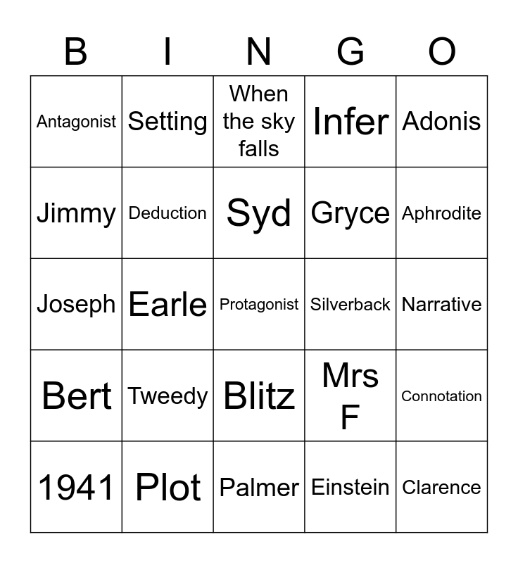When The Sky Falls Bingo Card