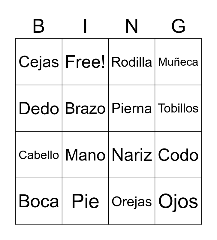 Partes del Cuerpo Bingo Card