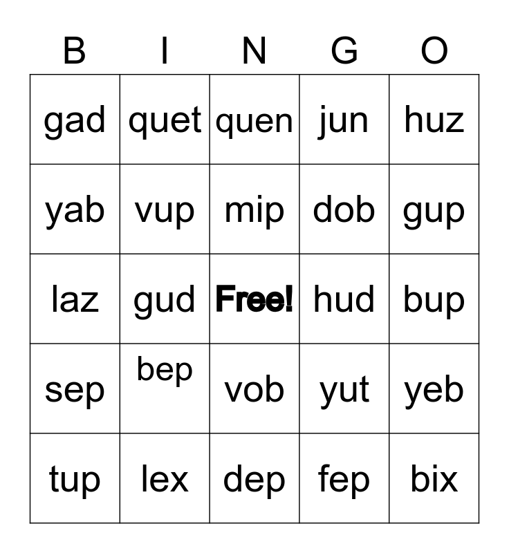 1.3 Nonsense - No Digraphs Bingo Card