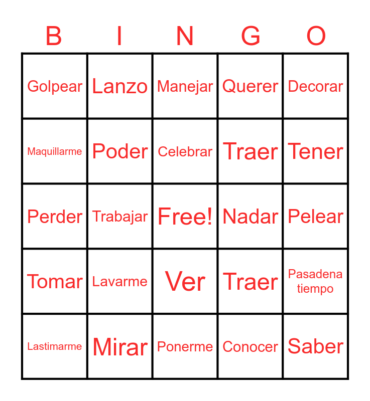 Spanish verbs Bingo Card