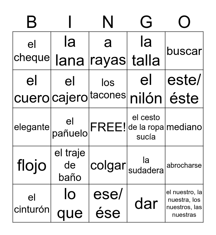 Spa2: C3 La Ropa Bingo Card