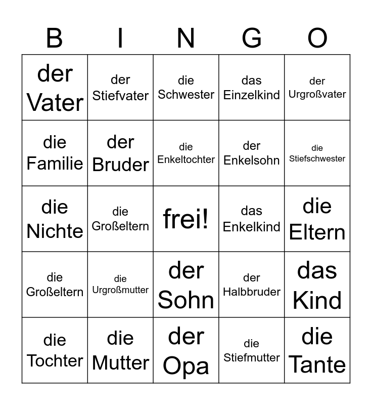 Familie Bingo Card