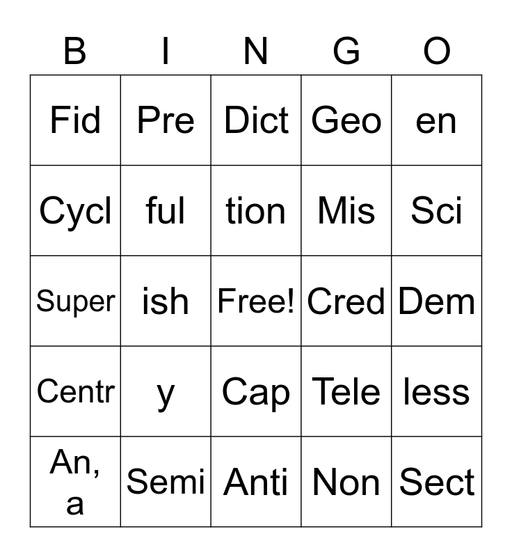Affixes and Greek and Latin Roots Bingo Card